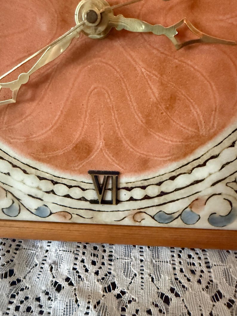 Vintage 1970s Wood Tile Clock: Peach Blue Floral Roman Numerals ...