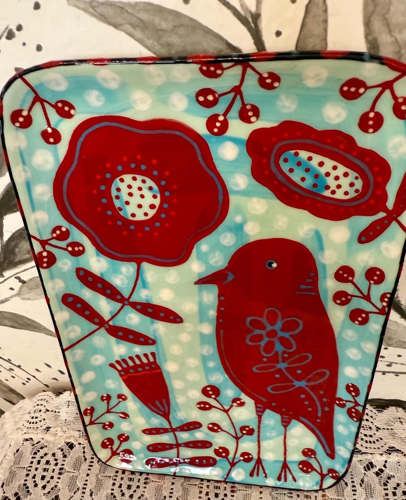 Ceramic Hand Painted Folk Art Bird and Flower Tray by Sharon Bloom ...