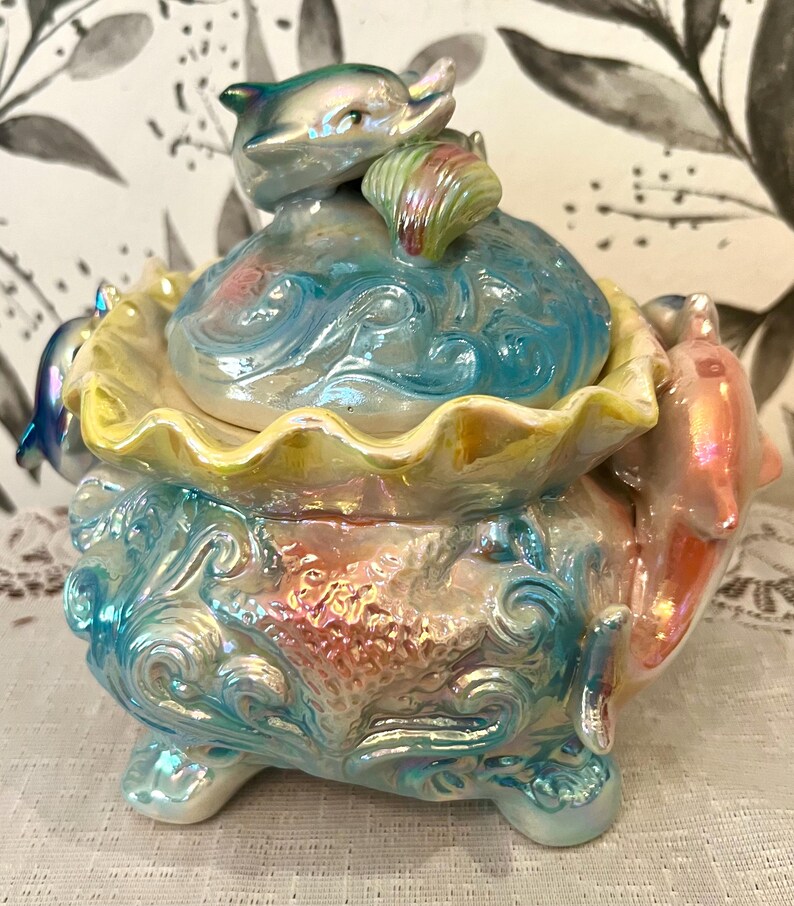 Vintage Ceramic Lusterware Mother of Pearl Dolphin Jar With Lid, China ...