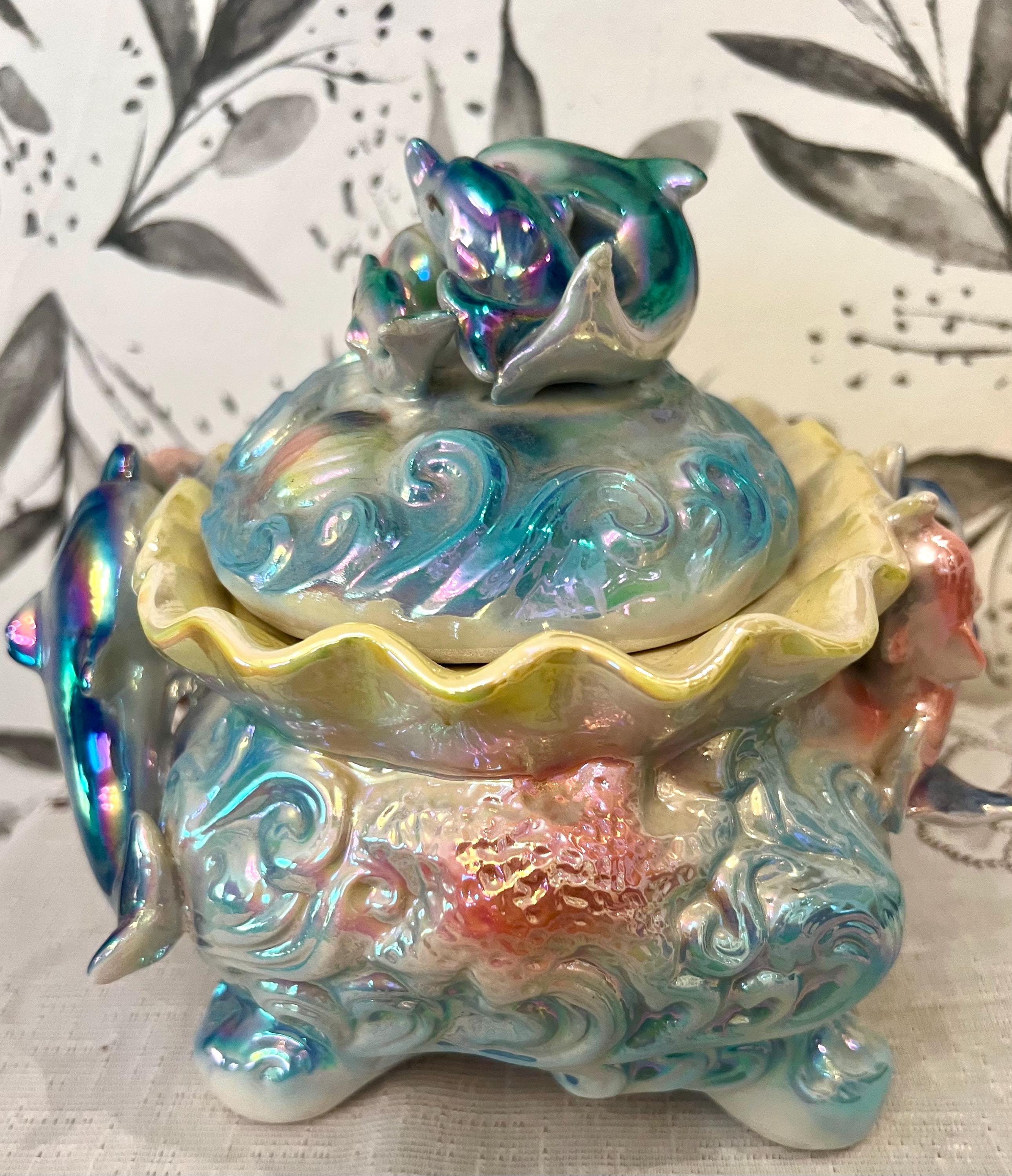 Vintage Ceramic Lusterware Mother of Pearl Dolphin Jar With Lid, China ...