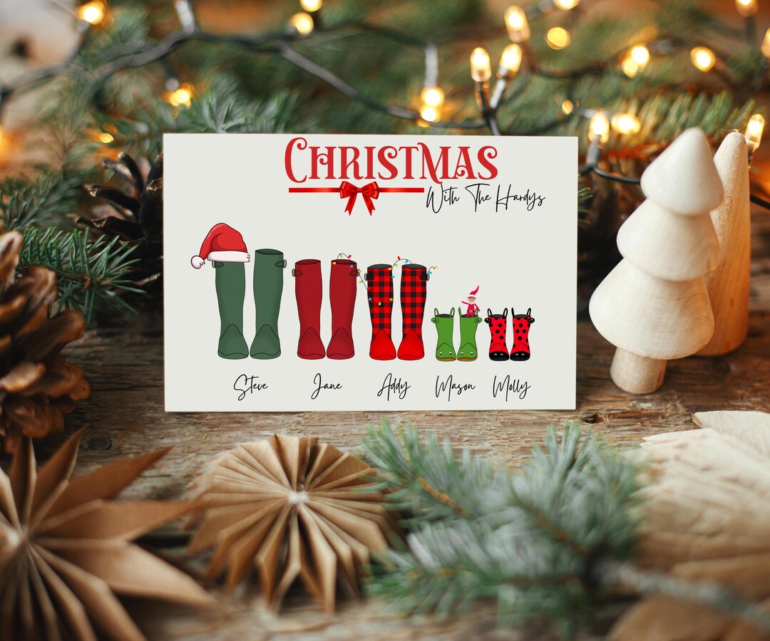 Personalised Family Welly Boot Christmas Card, Family Name Card, Family ...