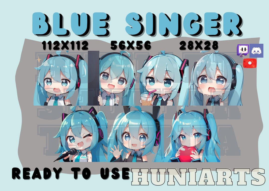 Singer Blue Hair Anime Girl, Anime Emotes, Chibi Emotes for Twitch ...