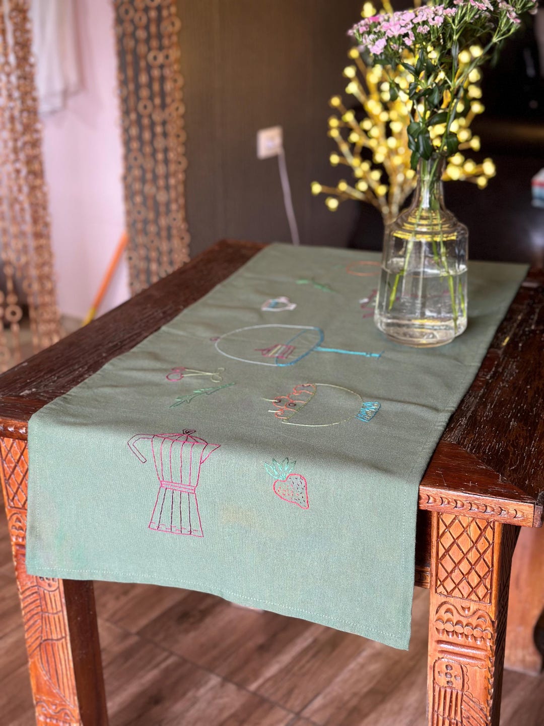 Hand Embroidered Green Table Runner With a Graphic Colorful Elements - Etsy