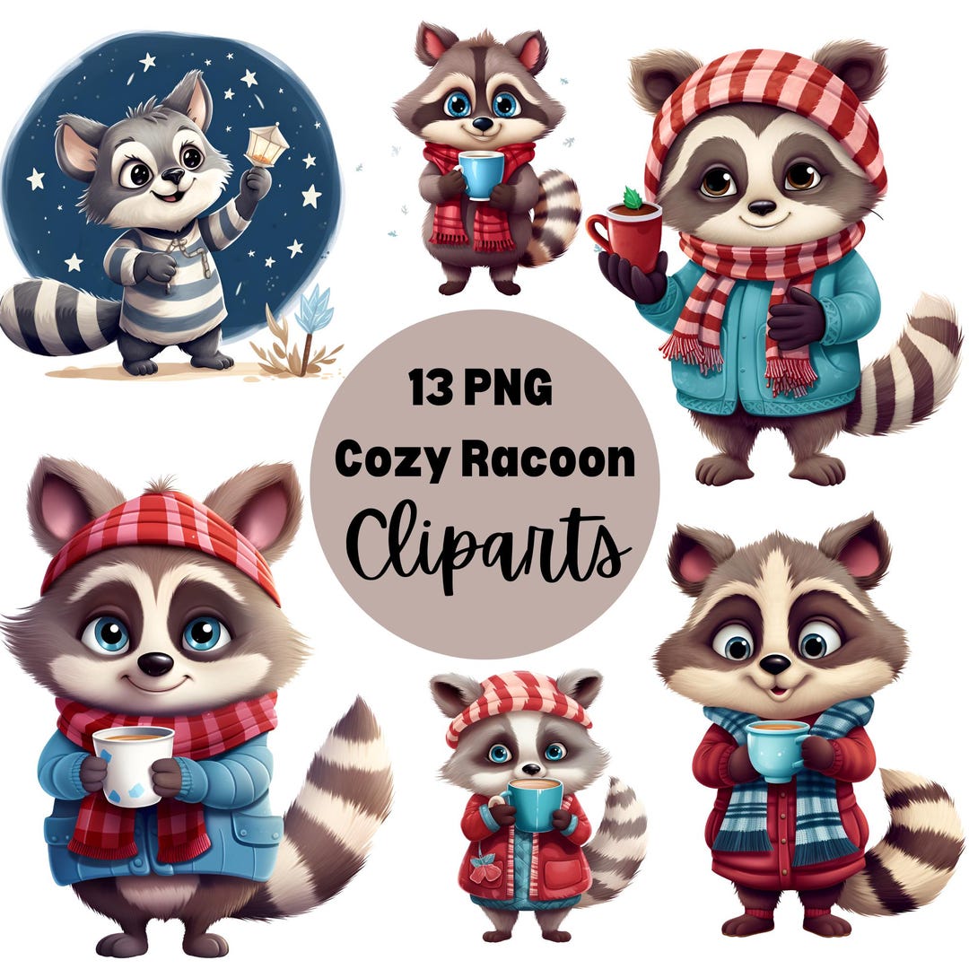 Winter Raccoon Clipart Bundle, 13 Raccoon PNG Graphics, Cozy Winter ...
