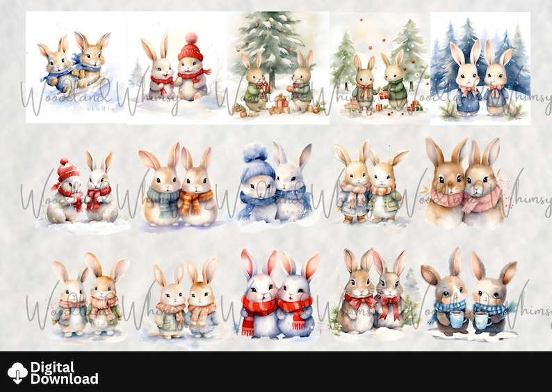 Woodland Bunny Clip Art, Watercolor Rabbit Bundle of 20 PNG Clip Art ...