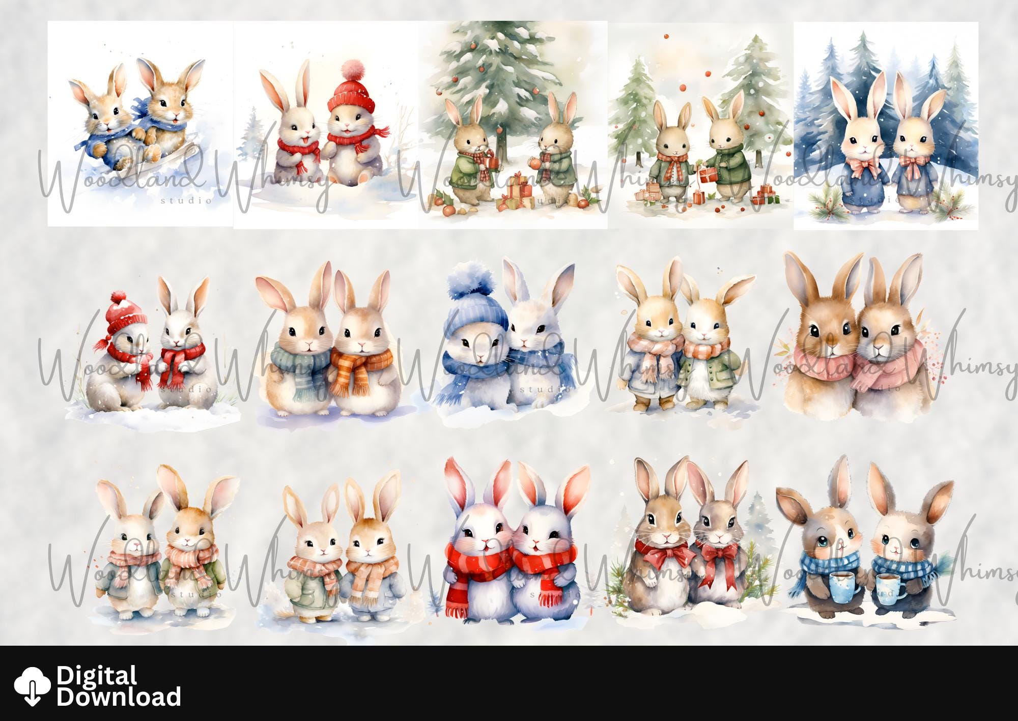 Woodland Bunny Clip Art, Watercolor Rabbit Bundle of 20 PNG Clip Art ...