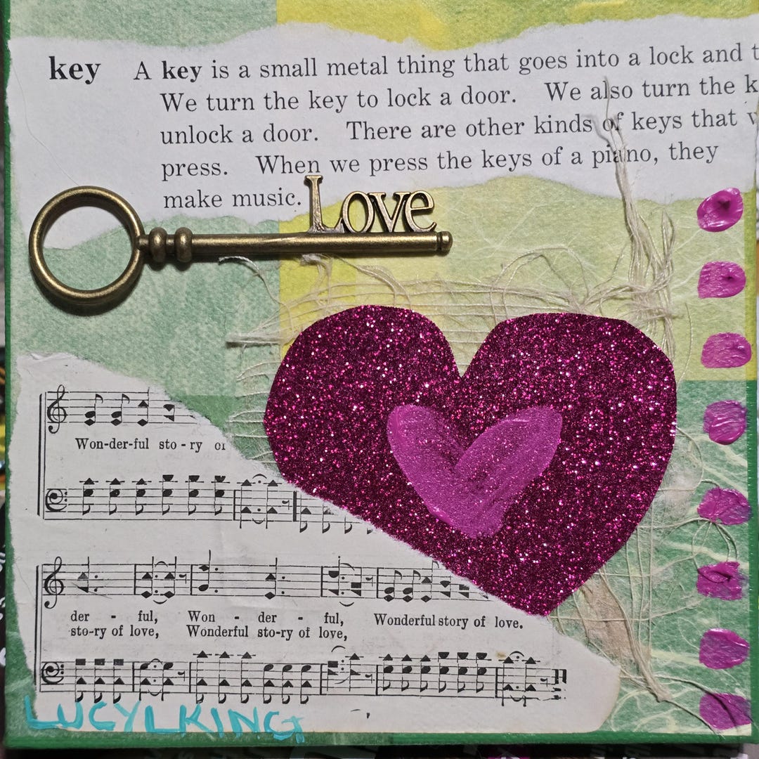 Original Glitter Heart Collage - Vintage Key, Mixed Media Music Art - Etsy