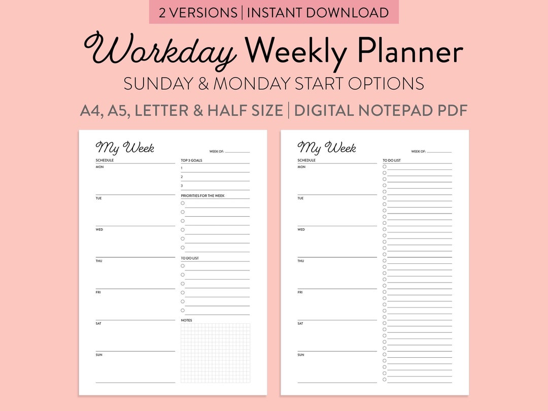 Work From Home Printable, Office Organizer, Workday Planner, Weekly ...