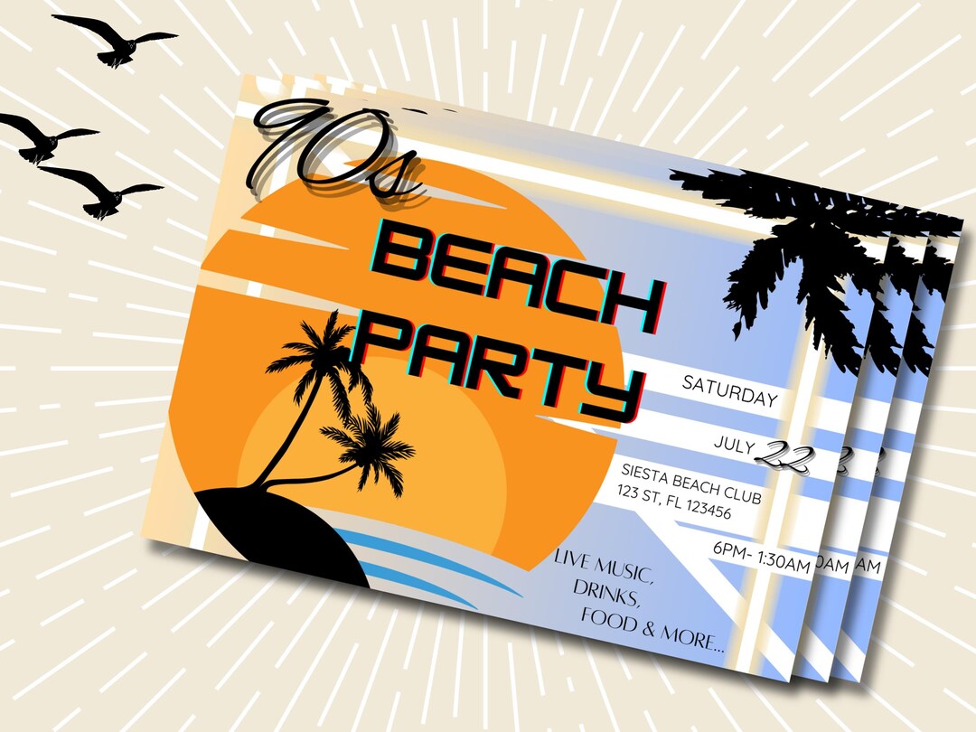 90s BEACH PARTY Invitation Template Editable Printable Instant Download ...
