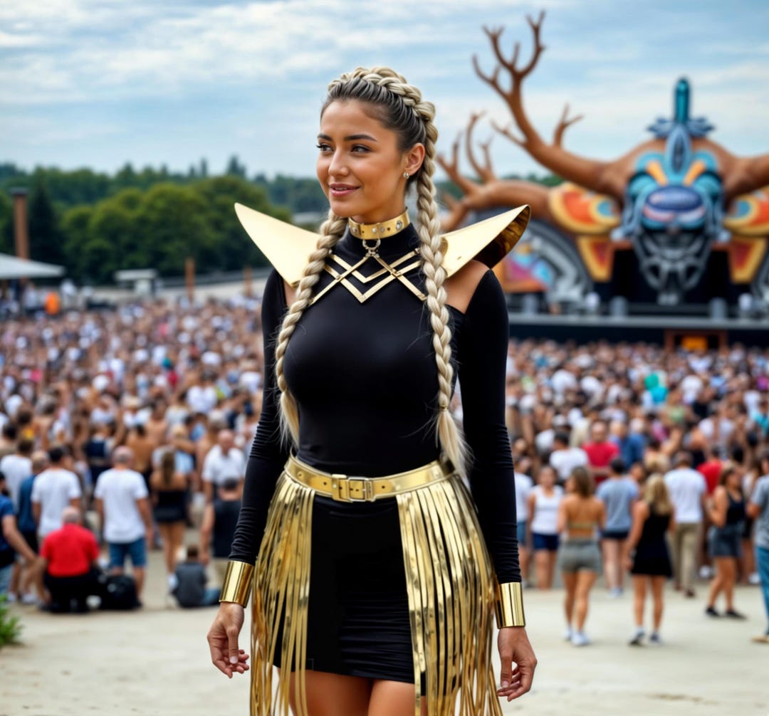 Magic Festival Outfit With Shoulders & Fringe Skirt - Gold Harness Set ...