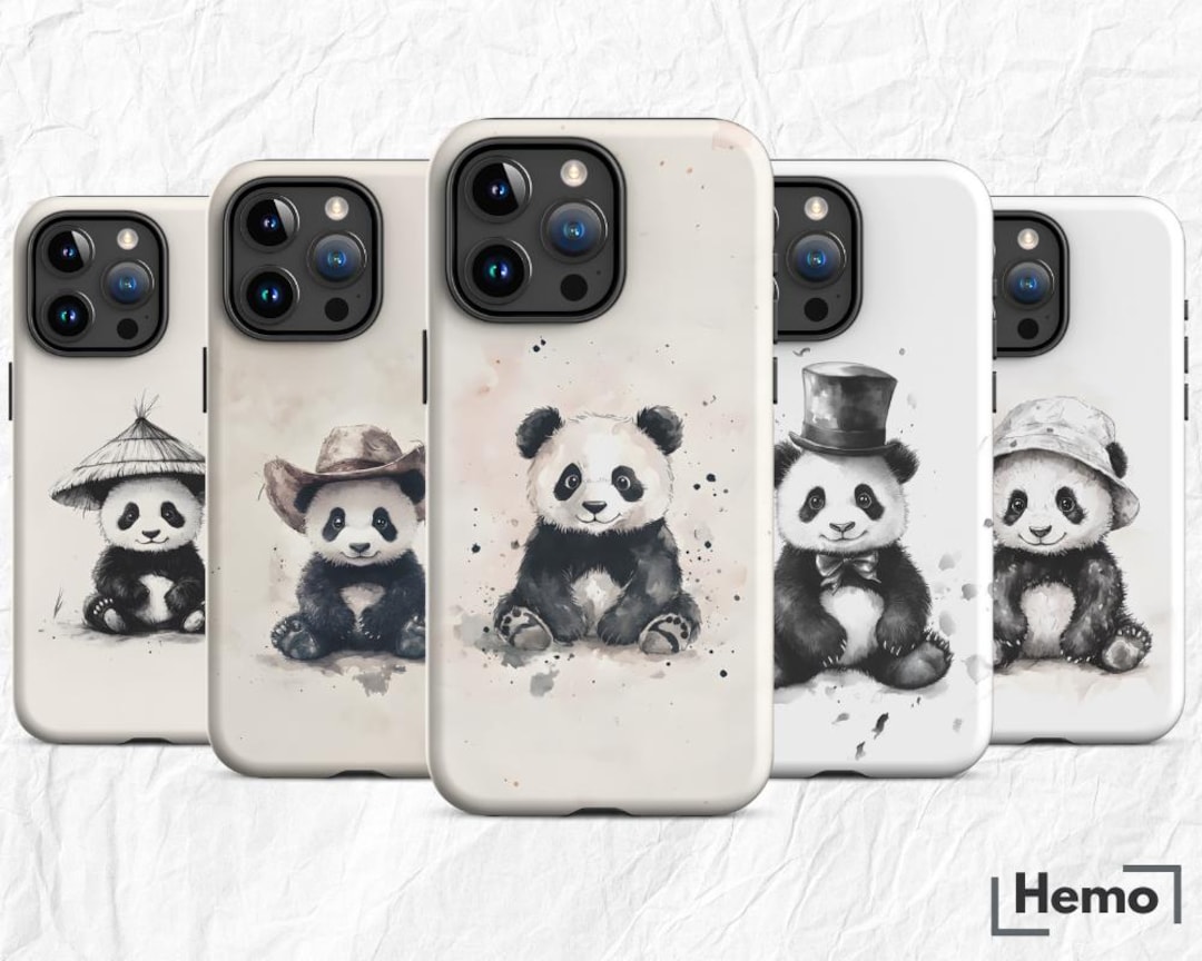Watercolor Pandas With Hats Phone Case - Aesthetic Black/white Cute ...