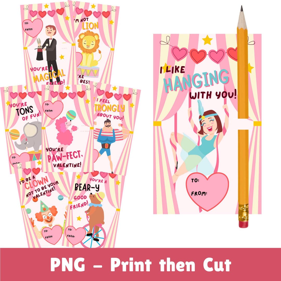 Circus Valentines Cards for Pencils PNG, Valentines Pencil Cutout ...