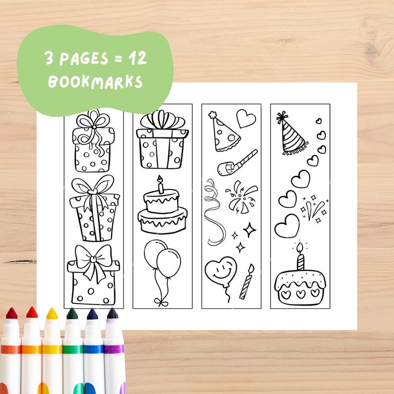 Birthday Bookmarks Coloring Craft: Kids Party Activity (printable PDF ...