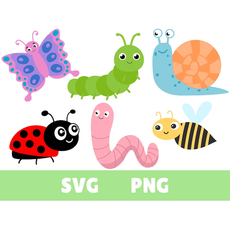 Cute Bugs, SVG PNG, Butterfly Caterpillar Worm Bee Snail Ladybug ...