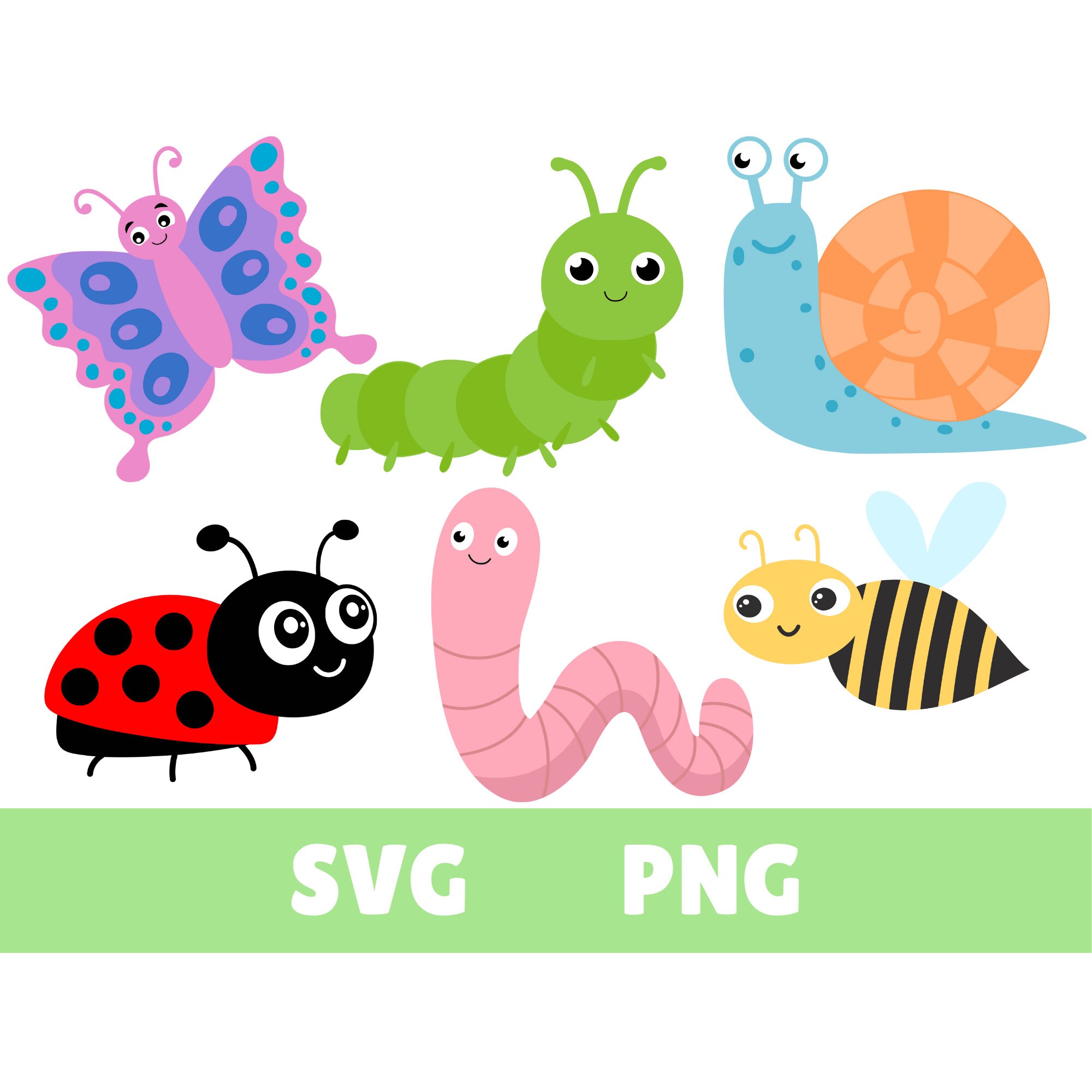 Cute Bugs, SVG PNG, Butterfly Caterpillar Worm Bee Snail Ladybug ...