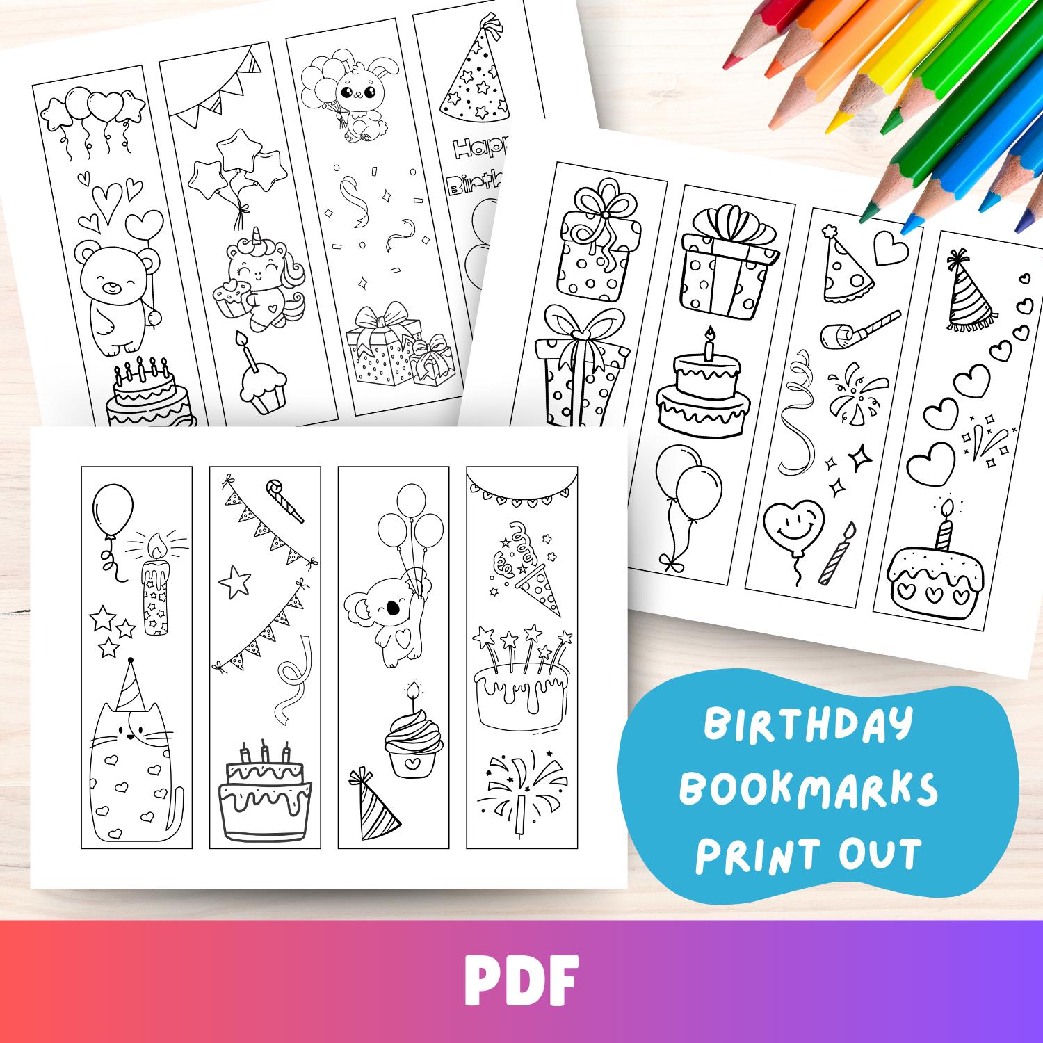 Birthday Bookmarks Coloring Craft: Kids Party Activity (printable PDF ...