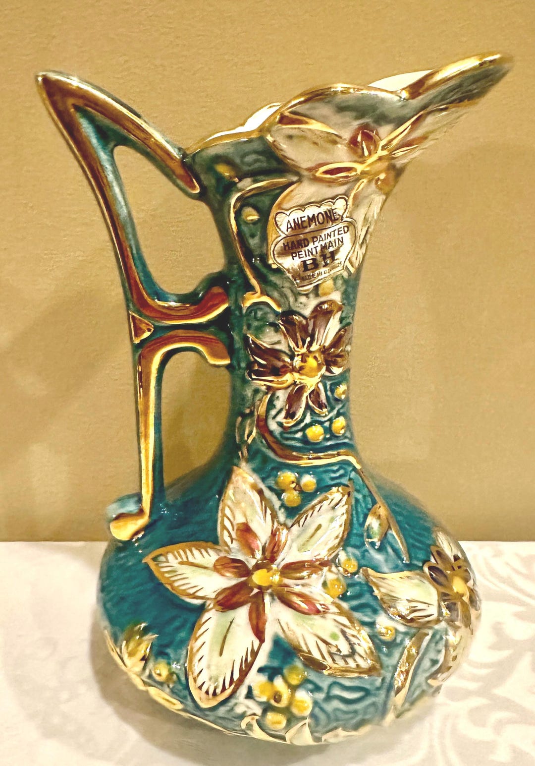 Vintage H. Bequet Quaregnon Hand Painted Blue and Gold Pitcher Vase - Etsy