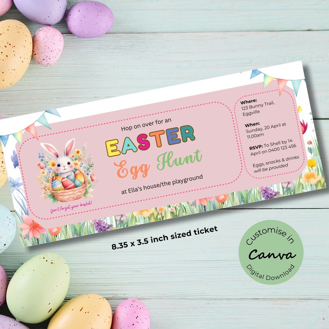 Easter Ticket Invitation Canva Template | Easter Party Invite | Egg ...
