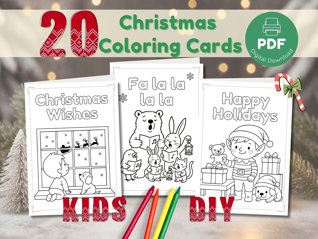 Kids DIY Christmas Coloring Cards - 20 Printable Designs in Foldable ...