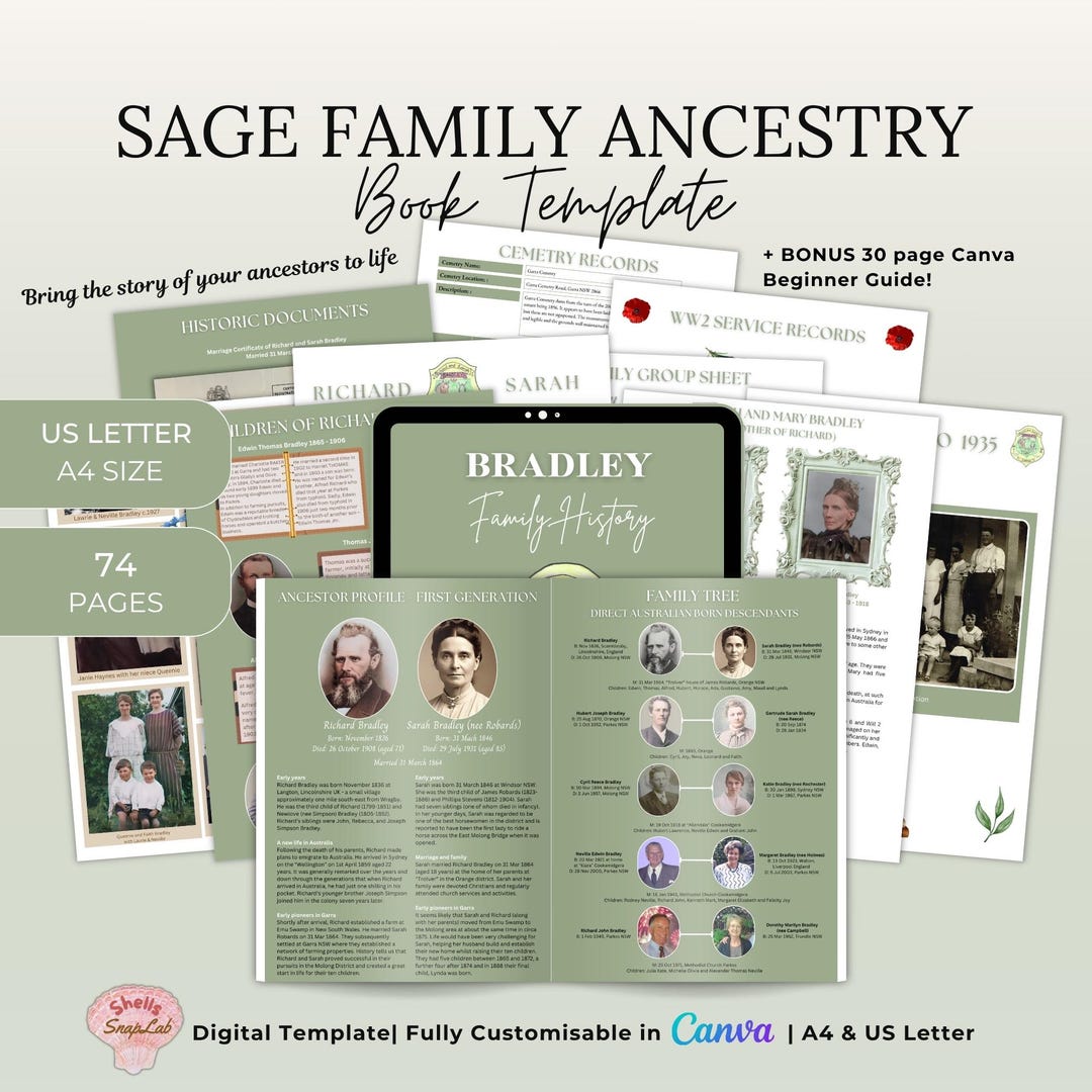 Sage Family Ancestry Book Template | Canva Editable Family Tree ...
