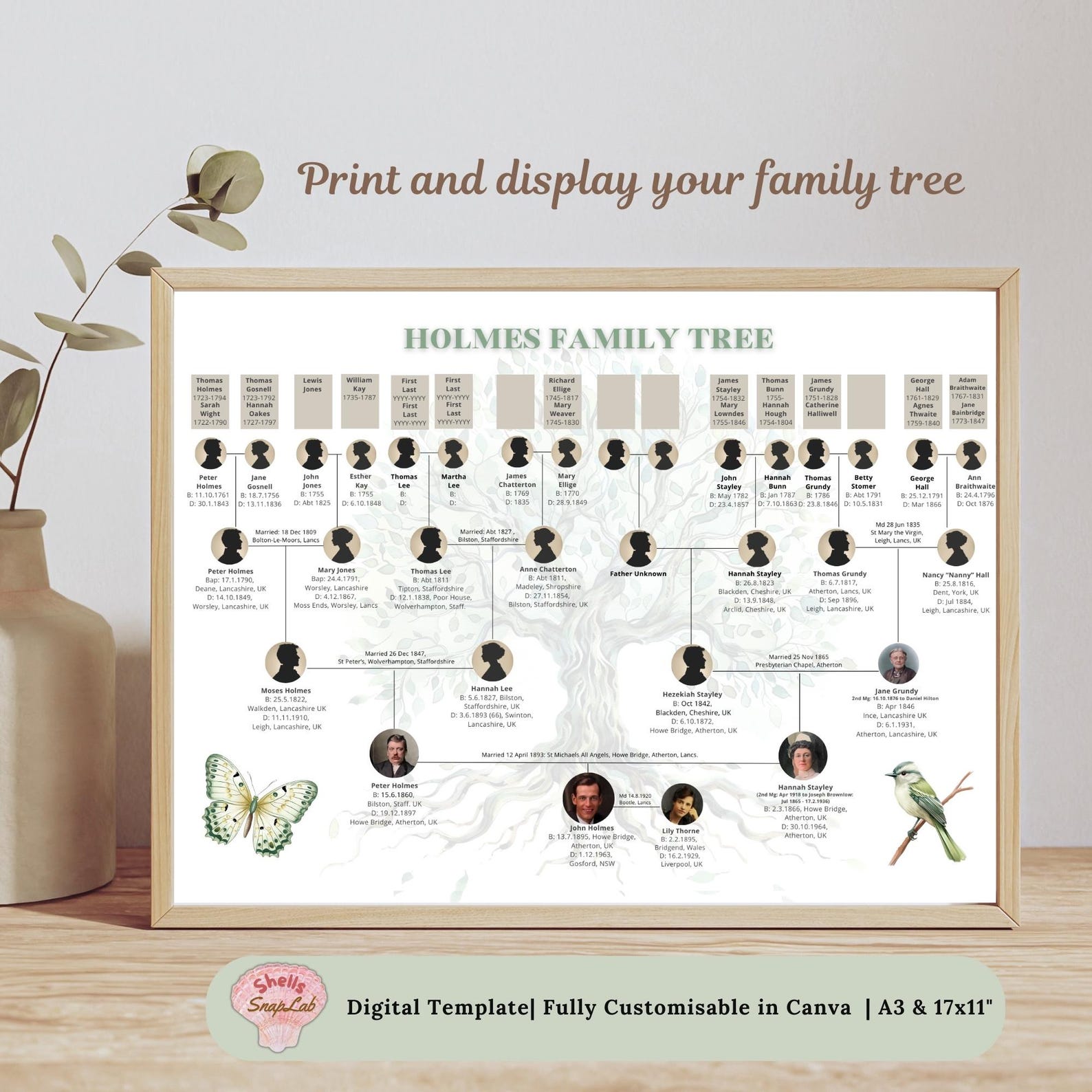Six-generation Family Tree Chart – Editable Canva Template for Family ...
