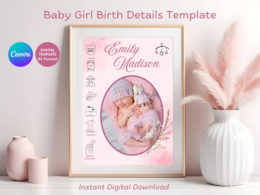 Baby Girl Birth Details Template | Birth Announcement | Newborn Photo ...