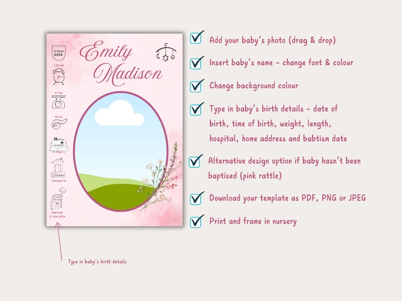 Baby Girl Birth Details Template | Birth Announcement | Newborn Photo ...