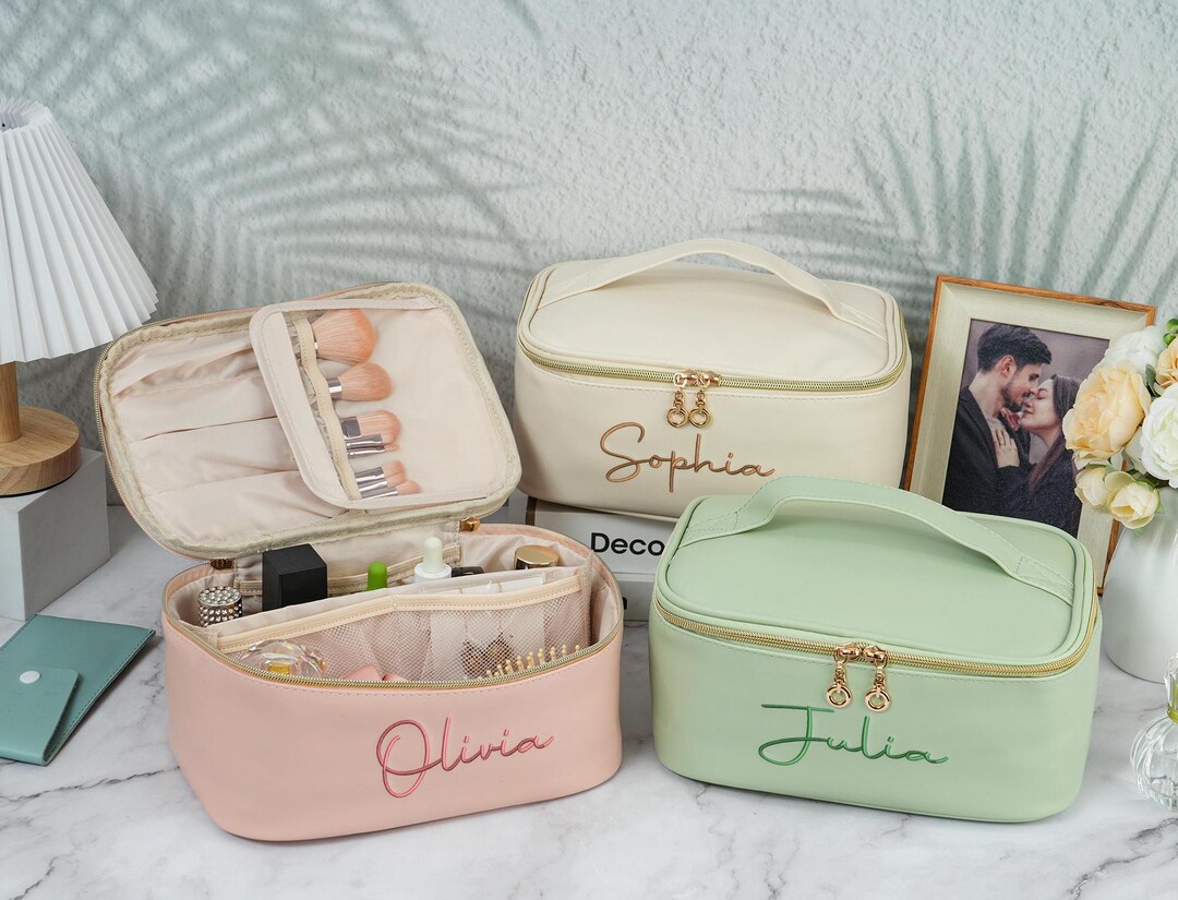 Personalized Makeup Bag,embroidered Leather Makeup Bag,custom Cosmetic ...