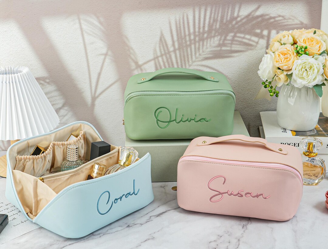 Personalized Leather Makeup Bag: Embroidered Travel Cosmetic Bag - Etsy