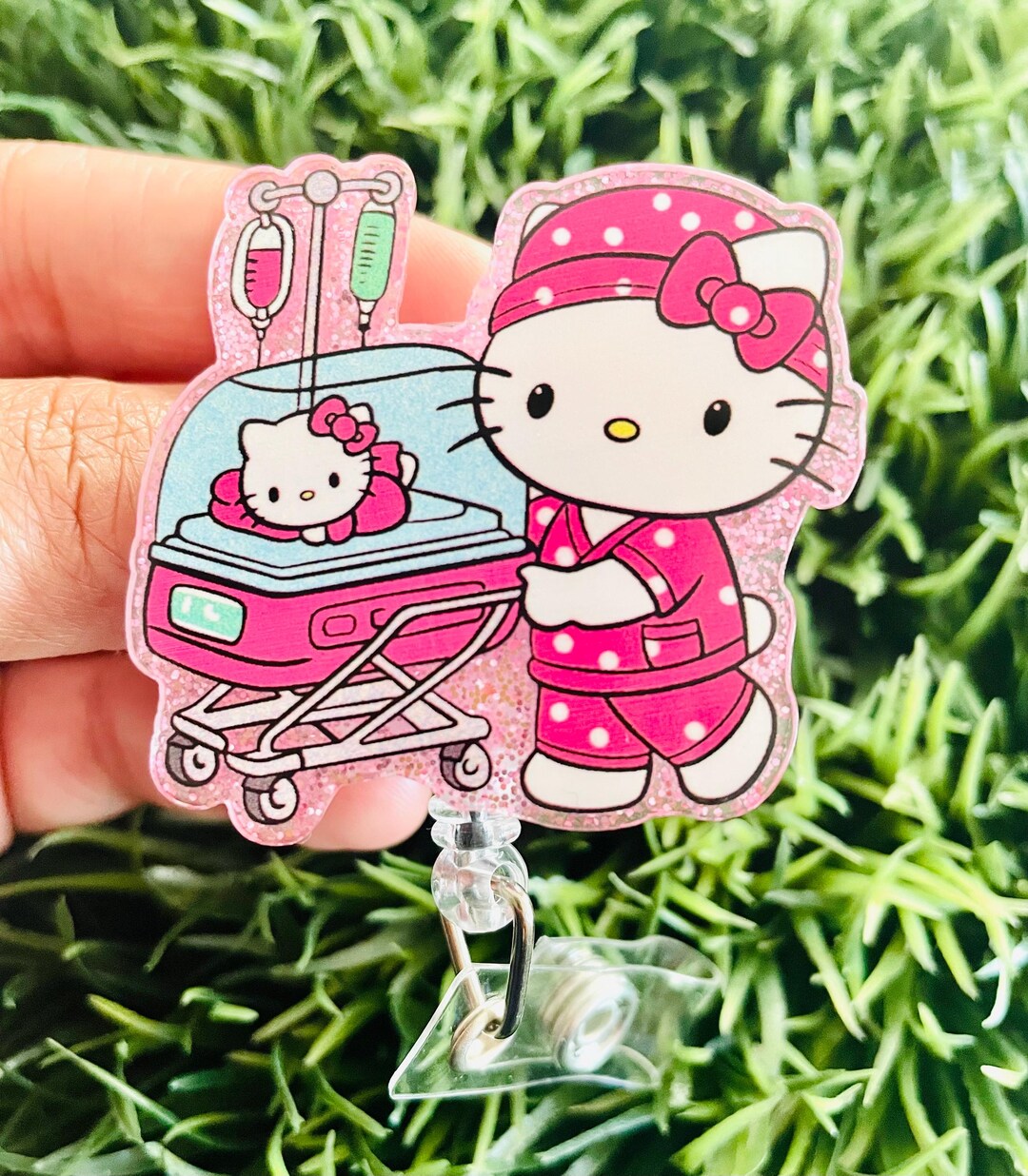 Pink Glitter Hello Kitty Nurse ID Badge Reel, Dental Gift, Pink Doctor ...