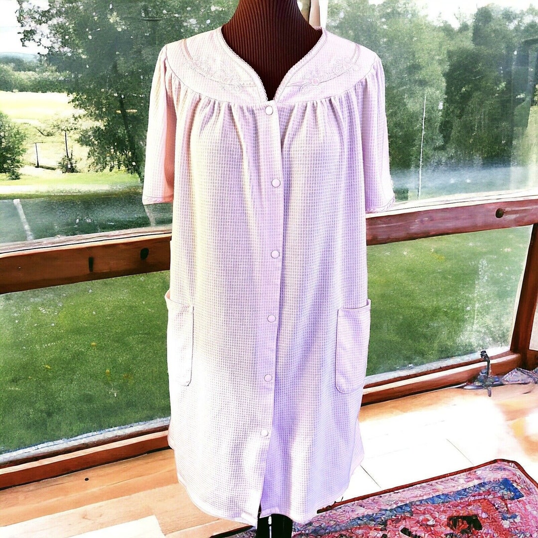 Adonna Waffle Knit Duster Housecoat Pink Snap Front Short Sleeve ...