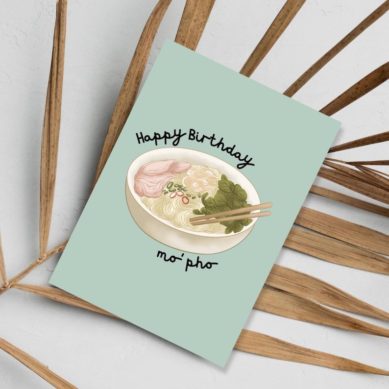 Mo' Pho Birthday Card | Food Pun Premium Linen Paper Card | Foodie Birthday - Etsy
