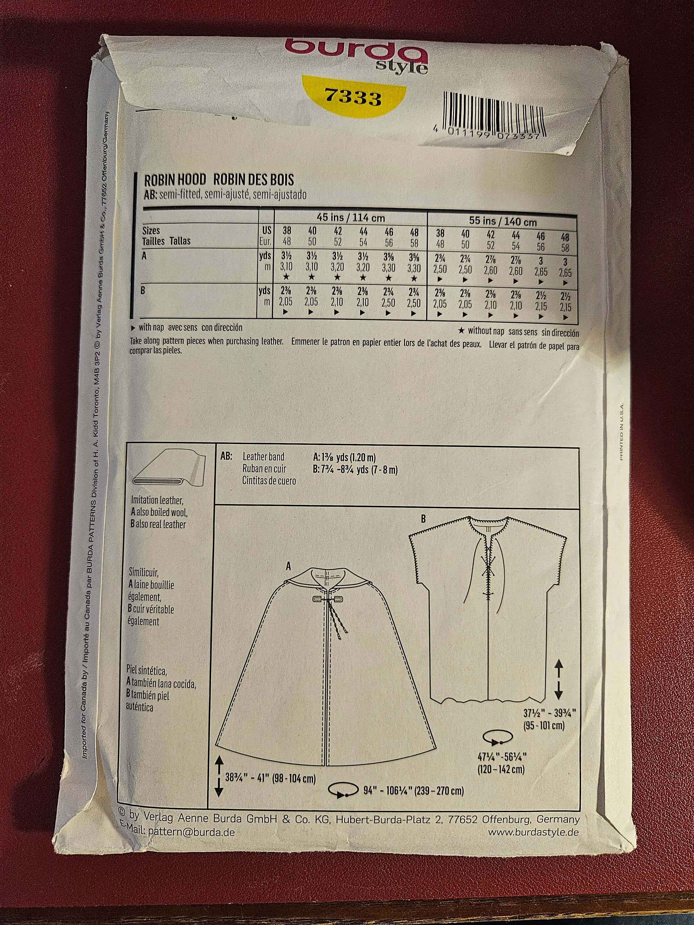 Burda 2768 Mens Robin Hood Costume/cosplay Cape With Hood and Tunic ...