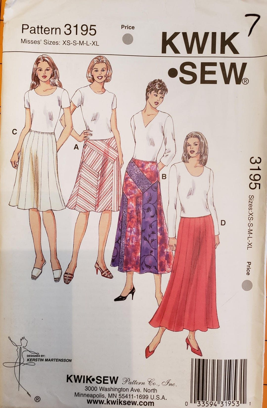 Kwik Sew 3195 Misses Woven Skirts | Pull-on, Elastic Waist, Gored, 3 ...