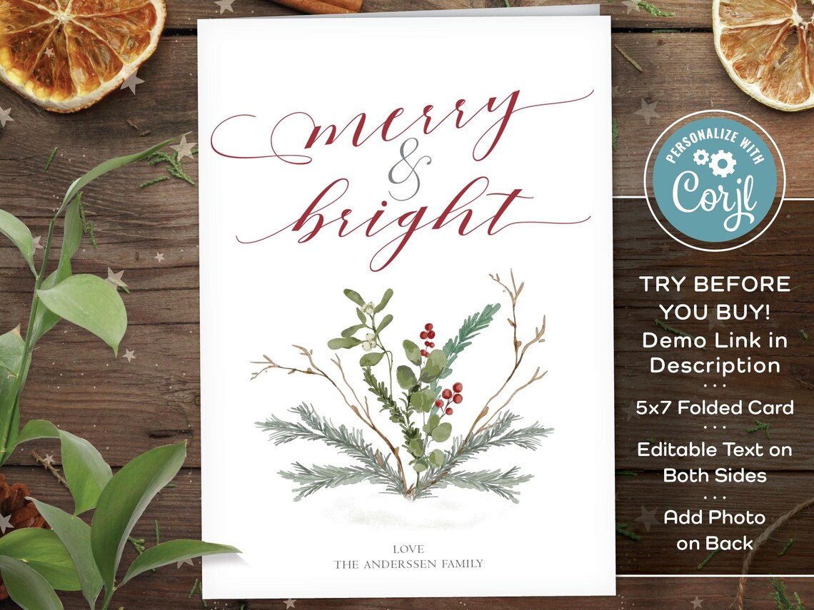 Printable Merry and Bright Greeting Card Template, Watercolor Holiday ...