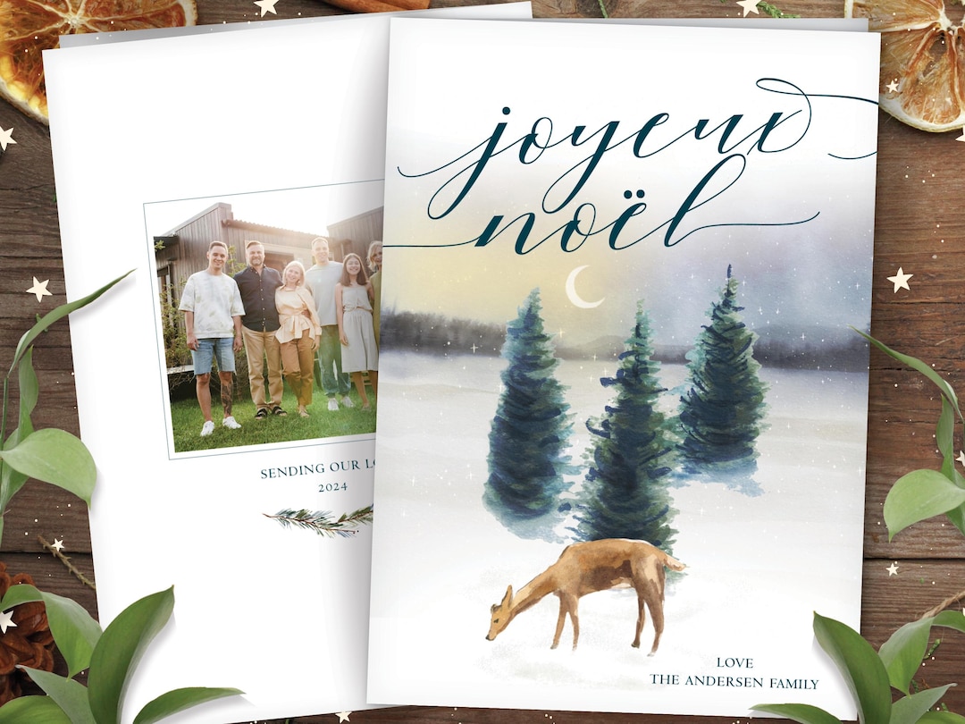 Printable Christmas Card Template, Joyeux Noel Watercolor Holiday Card ...