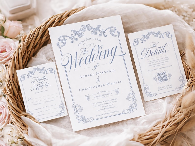 Dusty Blue Wedding Invitation Suite, Editable Calligraphy Template ...