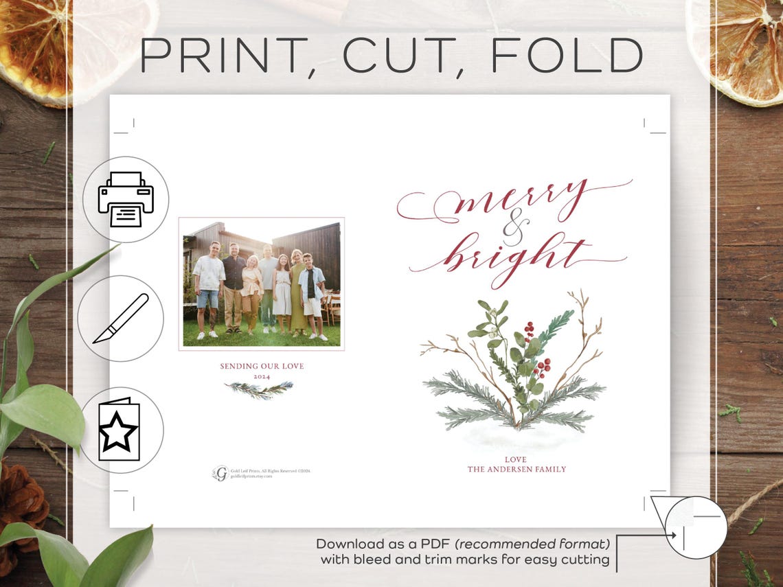 Printable Merry and Bright Greeting Card Template, Watercolor Holiday ...