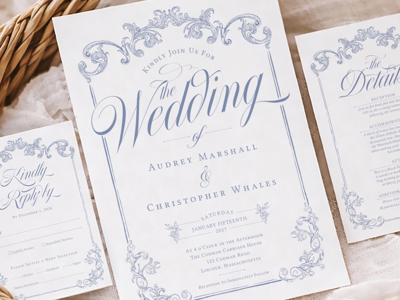 Dusty Blue Wedding Invitation Suite, Editable Calligraphy Template ...