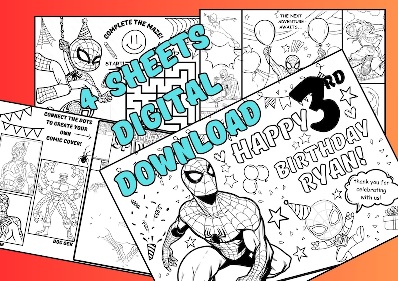 4 X Customised SPIDER MAN Birthday Colouring Sheets DIGITAL Download ...