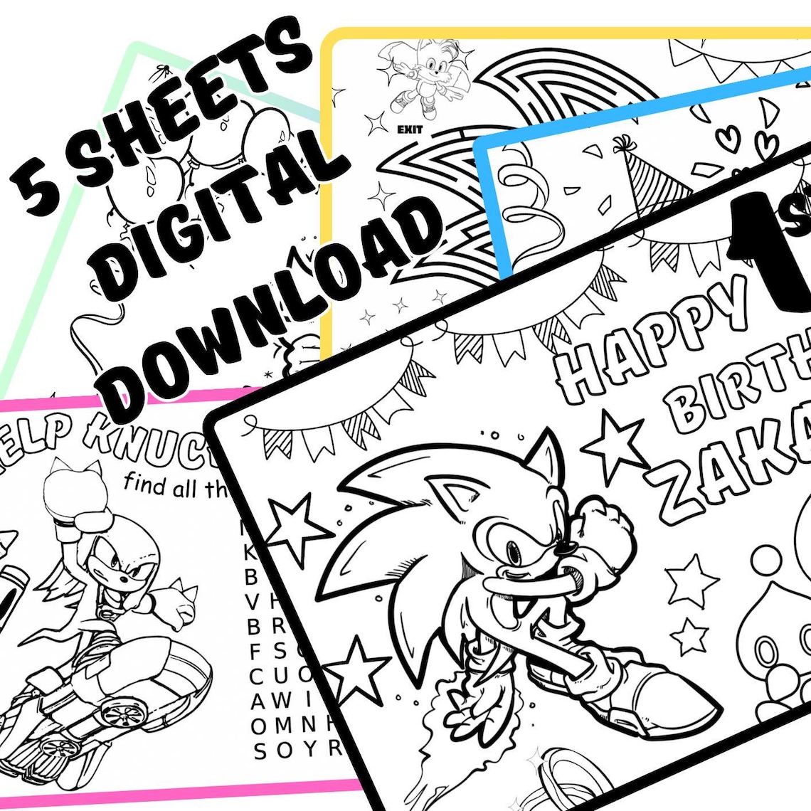 5 X Customised SONIC Birthday Colouring Sheets DIGITAL DOWNLOAD File ...
