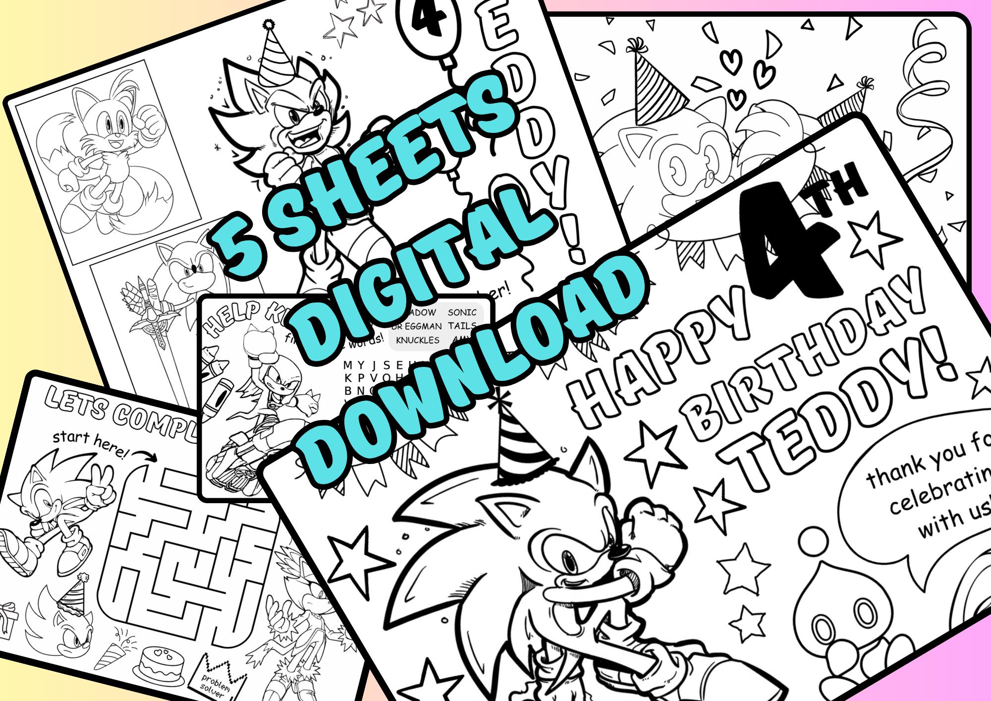 5 X Customised SONIC Birthday Colouring Sheets DIGITAL DOWNLOAD File ...