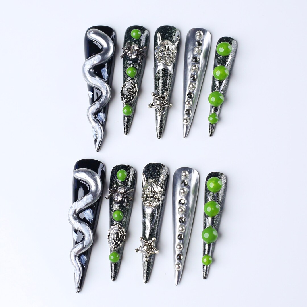 Hand-painted Ghost Face Silver Python Long Stiletto Press-on Nails ...