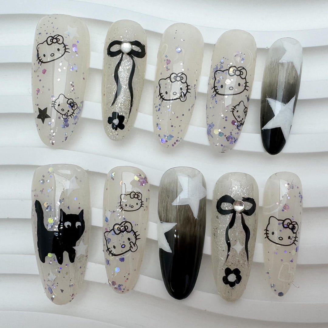 Hand-painted Cat Almond-shaped Long Press-on Nails Cute Nails cat Lover ...