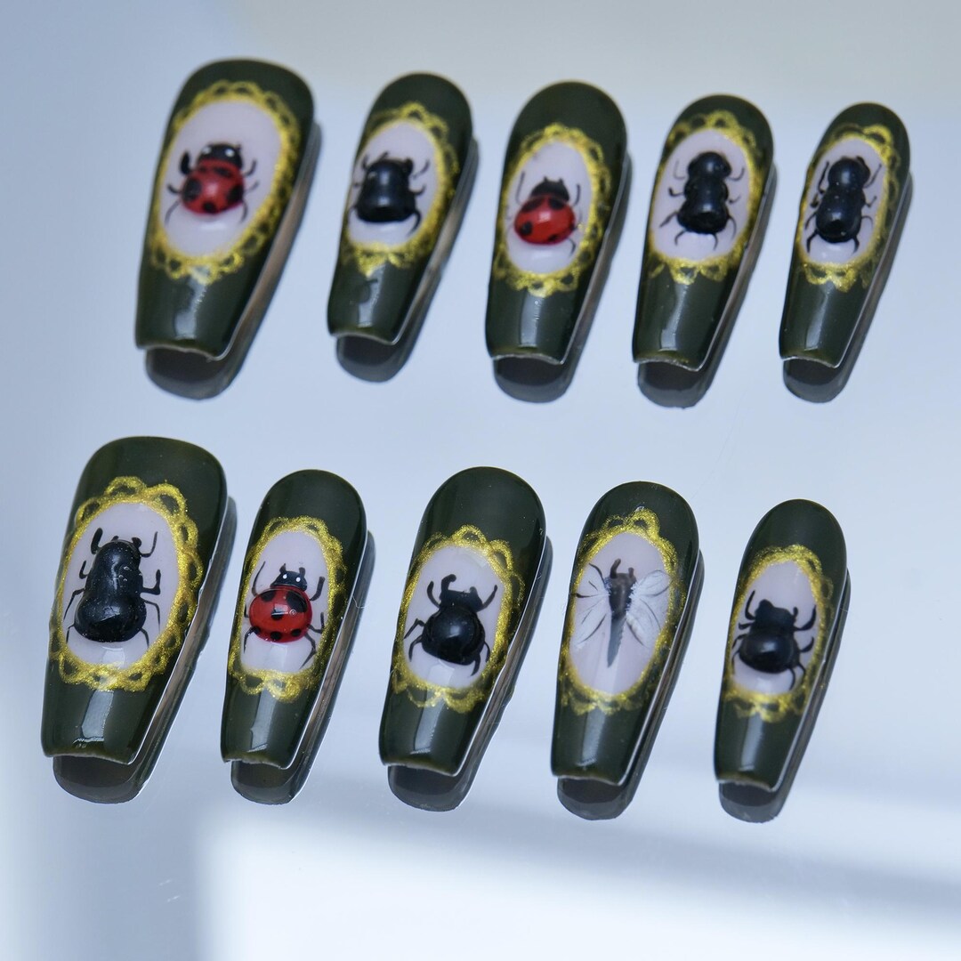 Hand-painted 3D Nails party Nails insect Gallery Press-on Nails insect ...