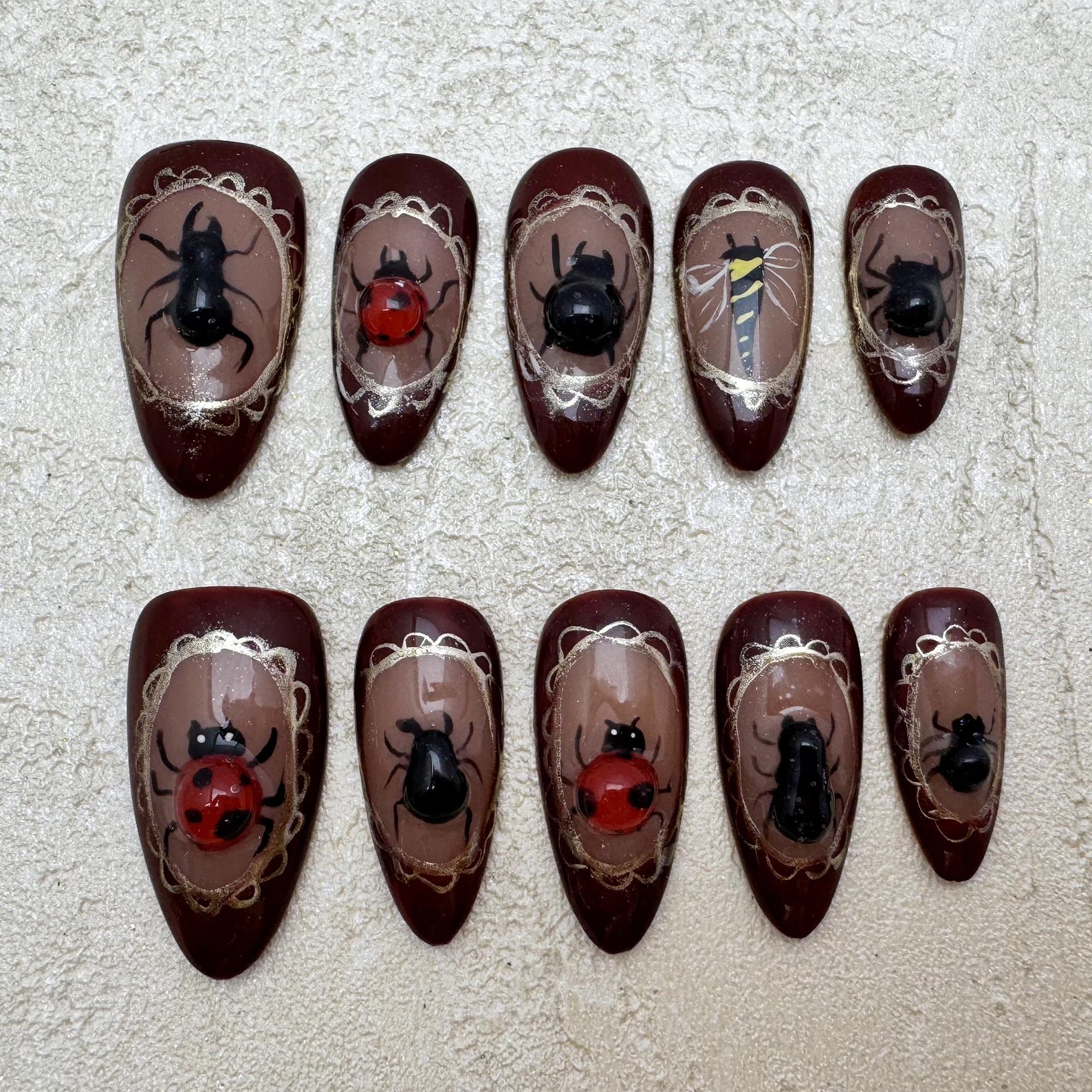 Hand-painted 3D Insect and Ladybug Gallery Almond Press-on Nails insect ...