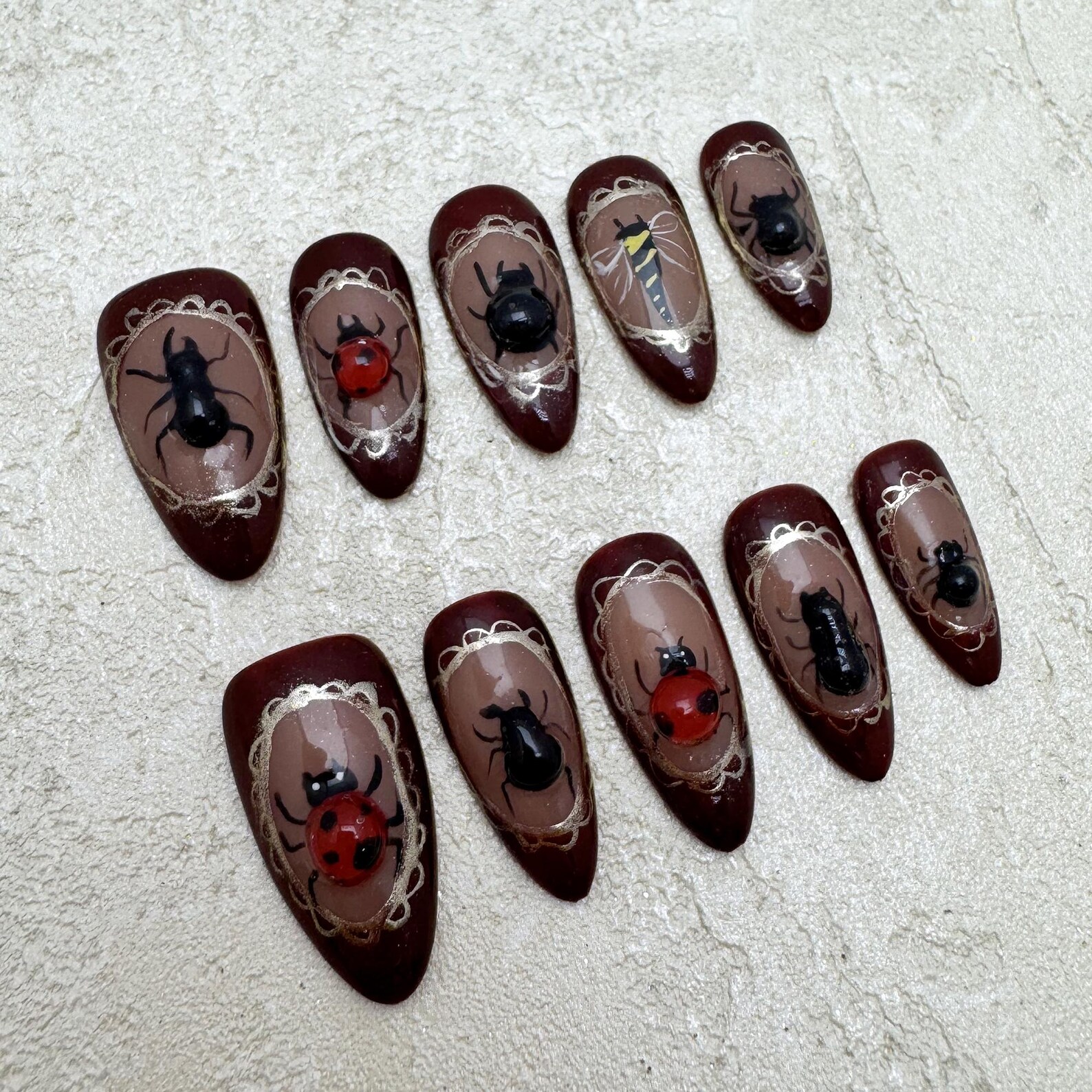 Hand-painted 3D Insect and Ladybug Gallery Almond Press-on Nails insect ...