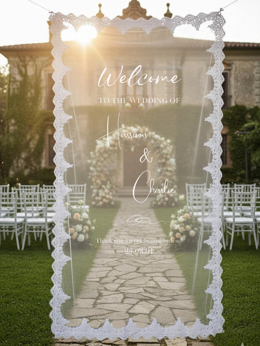 Sheer Lace Wedding Sign, Custom Welcome Fabric Sign, Wedding Welcome ...