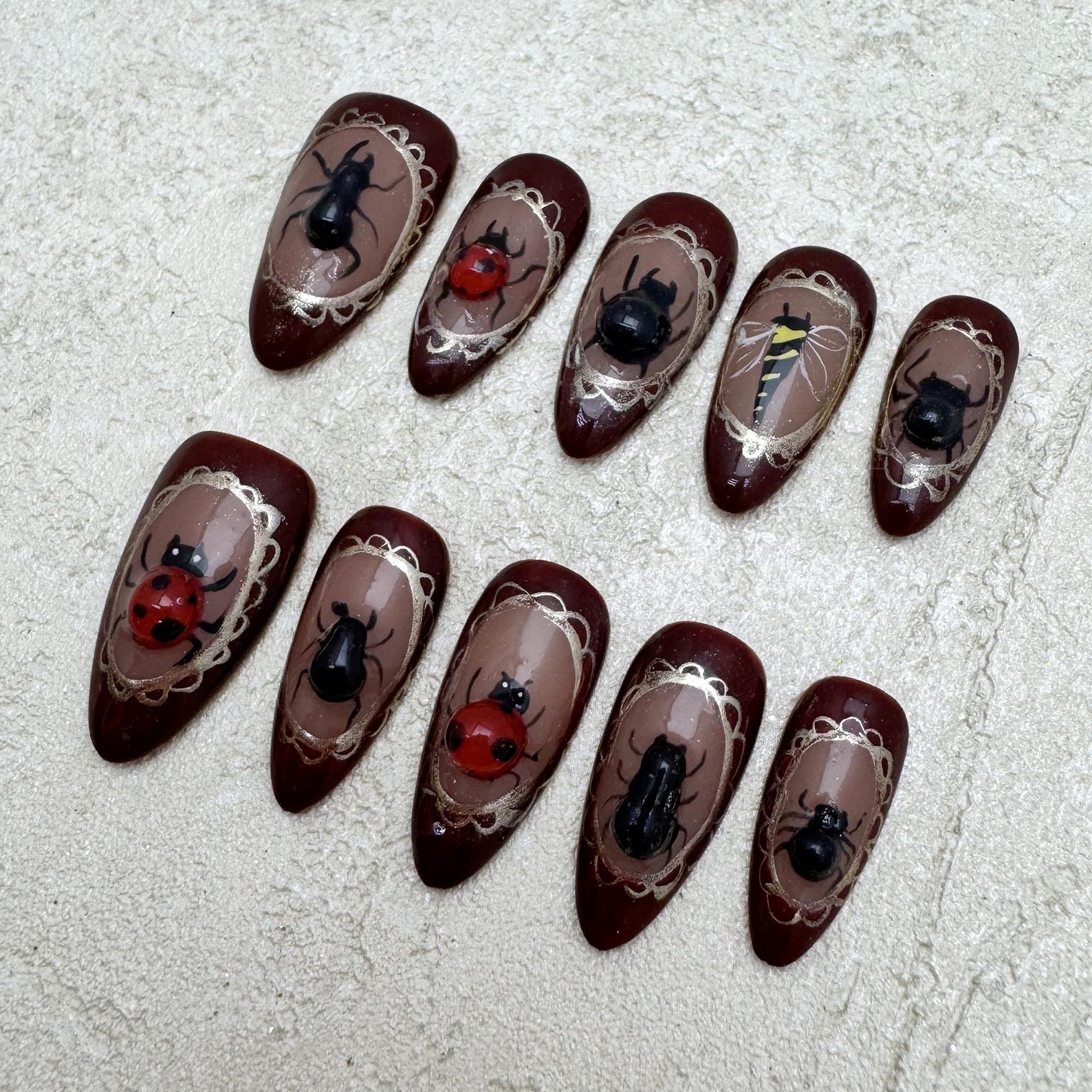 Hand-painted 3D Insect and Ladybug Gallery Almond Press-on Nails insect ...