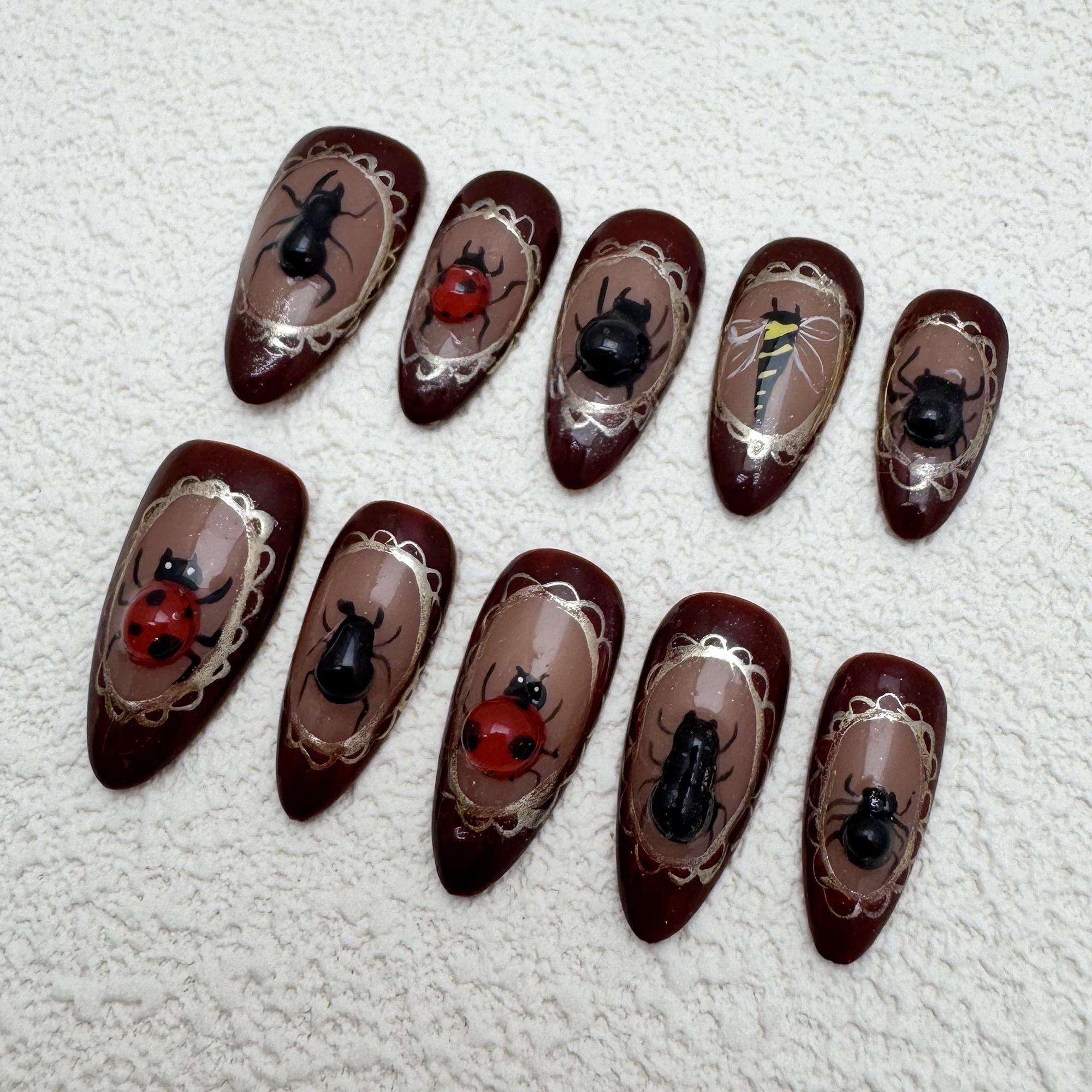 Hand-painted 3D Insect and Ladybug Gallery Almond Press-on Nails insect ...